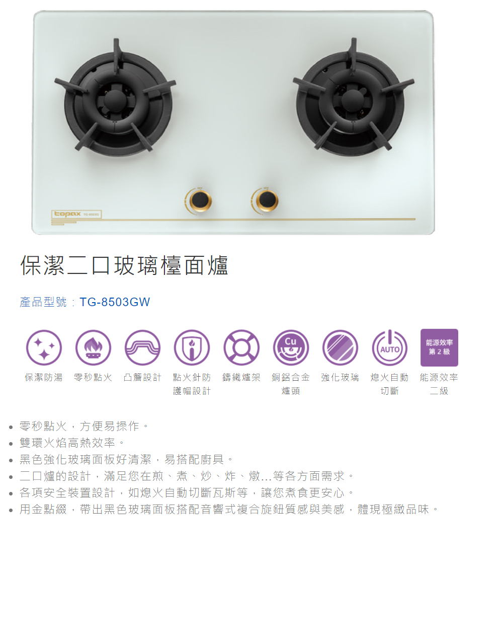【大巨光】TG-8503GW保潔二口玻璃檯面爐 崁入式檯面開關瓦斯爐_莊頭北|大巨光購物城